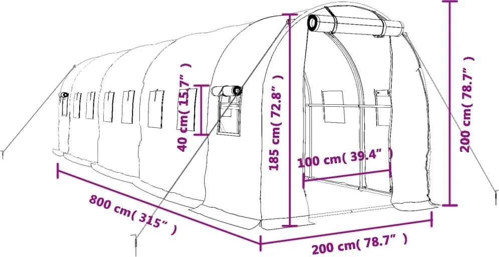 vidaXL Skleník s ocelovým rámem 16 m² 8 x 2 x 2 m [3188030] Barva: Zelená