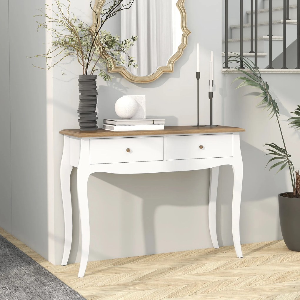 HOMCOM Zrcadlový stolek do předsíně s 2 zásuvkami v francouzském stylu pro chodbu, ložnici a obývací pokoj 100x35x76,5 cm Bílá a tmavě hnědá