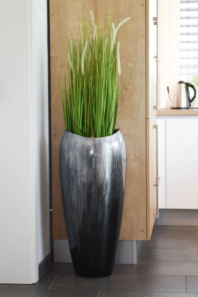 Exkluzivní květináč DELUXE, sklolaminát, výška 81 cm, černo/stříbrný lesk