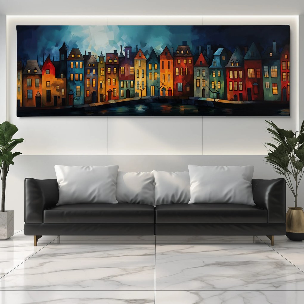 Obraz na plátně - Ulice v Lienes se svítícími domy FeelHappy.cz Velikost obrazu (šířka x výška): 270 x 90 cm