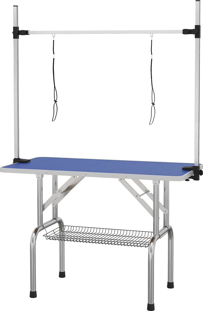 Výškově nastavitelný stůl PawHut se skládacím spodním košem pro psy, nerezová ocel, modrý, 107x60x170cm, ideální pro úpravu psů