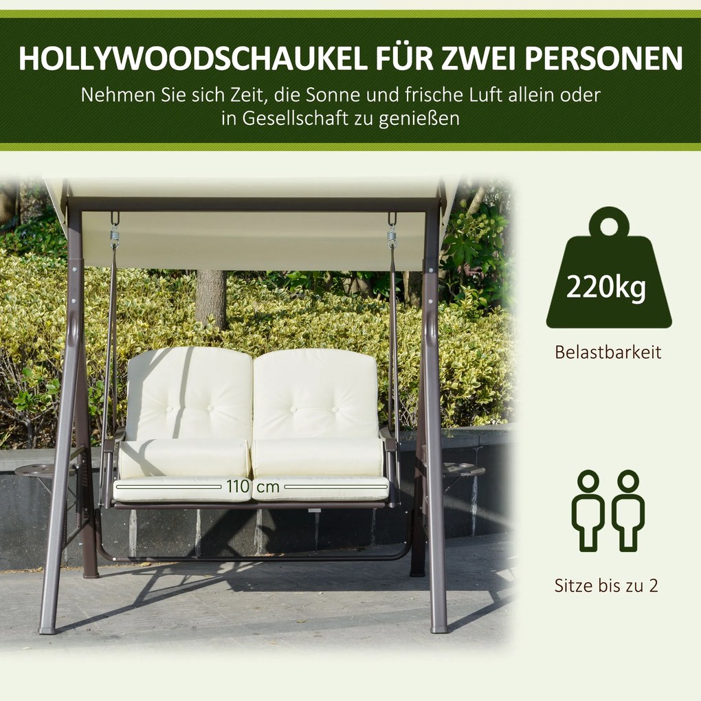 Zahradní houpačka Outsunny Hollywood pro 2 osoby se sluneční stříškou, polštáři a podnosem, kovový rám, polyesterový potah, béžová barva, 162x118x173…