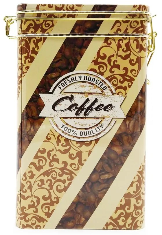 Plechová dóza Freshly roasted, 500 g – hnědá, lesklý povrch, s patentním uzávěrem, s kávovým motivem, na kávu a bylinky