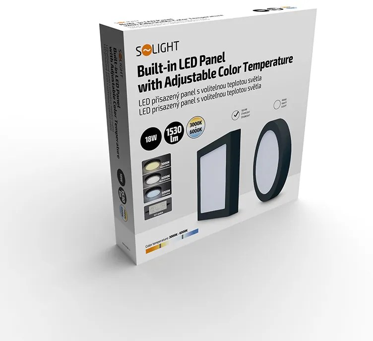 SOLIGHT LED mini panel CCT, přisazený, 18W, 1530lm, 3000K, 4000K, 6000K, čtvercový černý