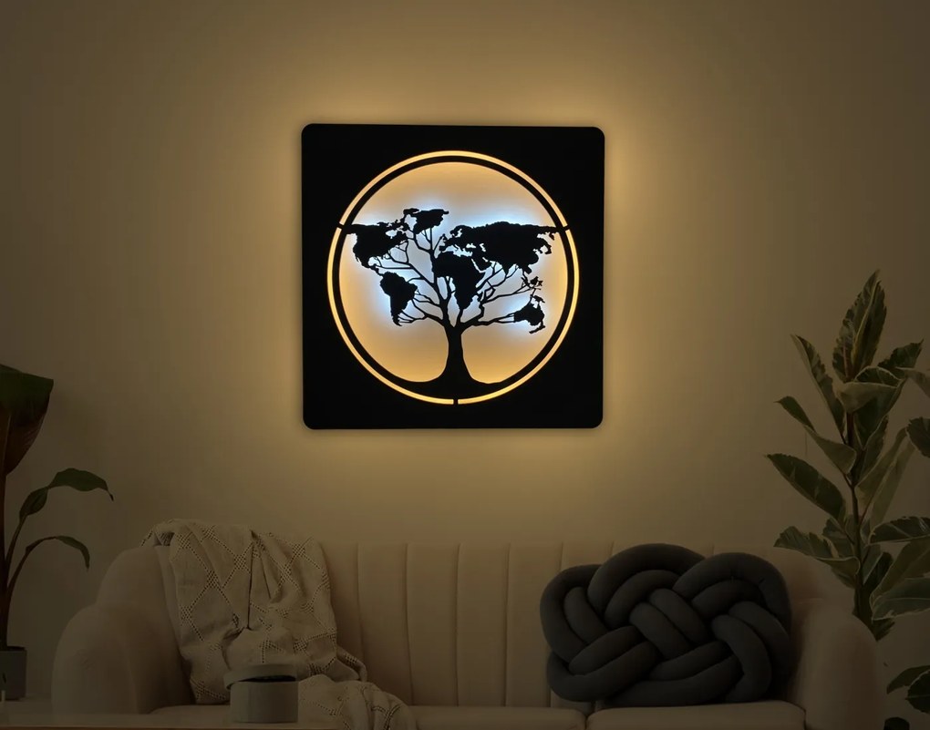 Li-Go "Mapa světa v kruhu" světelný obraz 230V 70x70cm provedení povrchu: dub světlý