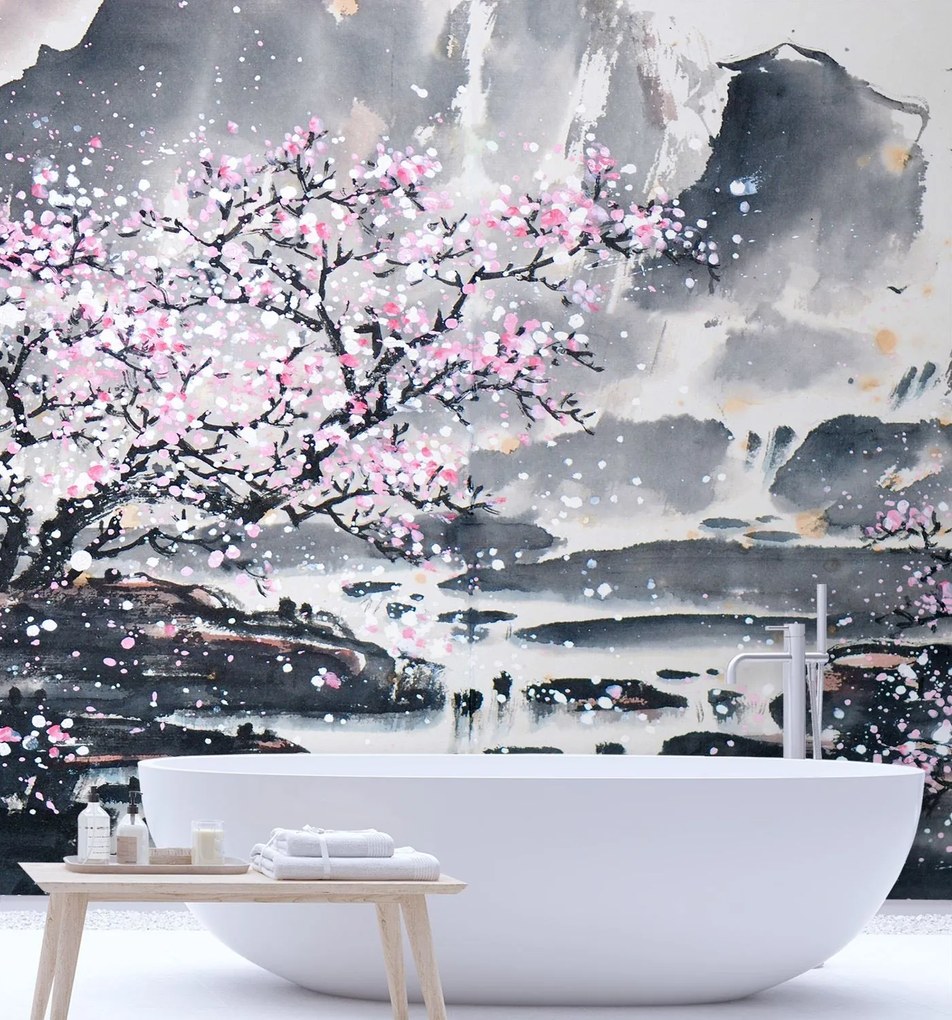 Gario Fototapeta Kvetoucí třešeň na pozadí hor Materiál: Vliesová, Rozměry: 100 x 100 cm