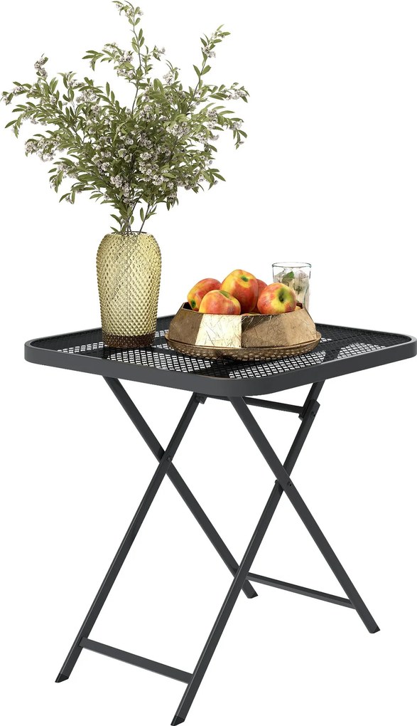 Skládací zahradní stůl Outsunny 70 x 70 cm, odolný vůči počasí, ocelový skládací stůl s vyřezávaným designem, venkovní jídelní stůl, čtvercový boční s