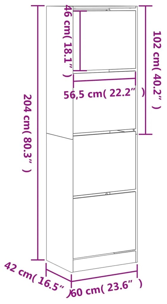 Botník se 4 výklopnými zásuvkami bílý 60 x 42 x 204 cm - Default Title