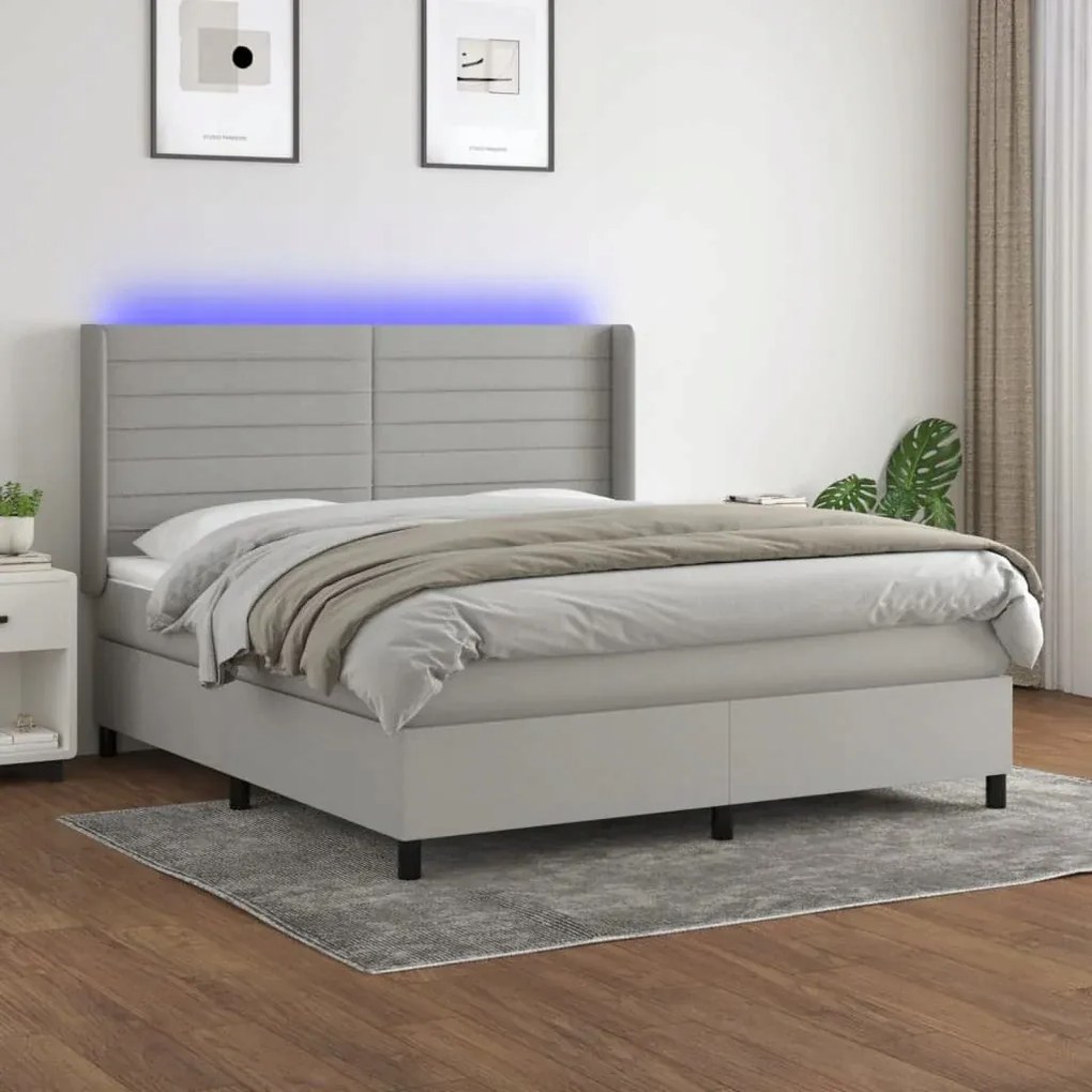 Box Spring Postel S Matrací A Led Textil Světle Šedá vodorovné pruhy 180