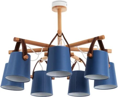 Light for home - Sedmiramenný lustr na tyči z dřevěnými prvky a koženými řemínky v modrém provedení  60407 "RIONI", 7x40W, E27, bílá, přírodní olše, hnědá kůže