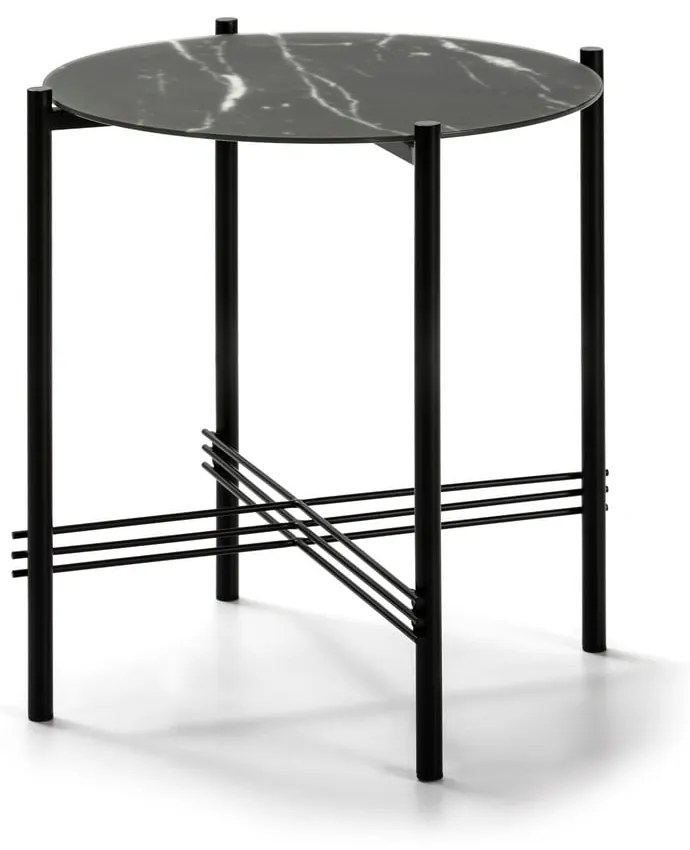 Černý odkládací stolek se skleněnou deskou v mramorovém dekoru Marckeric, ø 47 cm