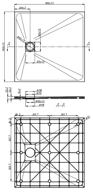 BPS-koupelny Čtvercová akrylátová sprchová vanička HYD-SSV-RIKO 90x90 bílý mramor