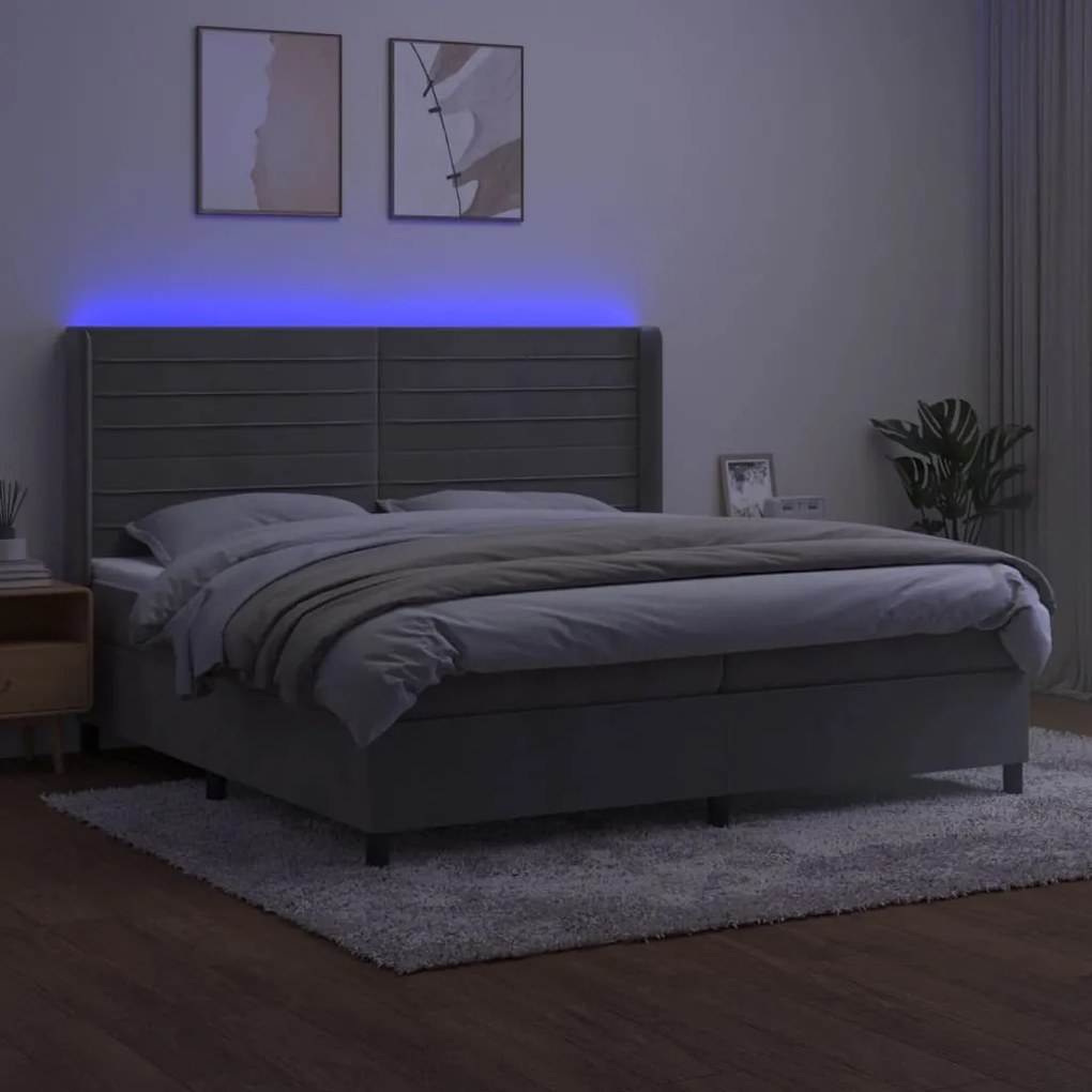 Box spring postel s matrací a LED světle šedá 200x200 cm samet 3139643