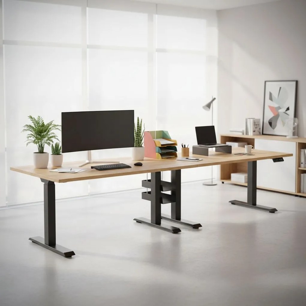 Výškově nastavitelný stůl OfficeTech Long, 240 x 80 cm, černá podnož, dub zlatý