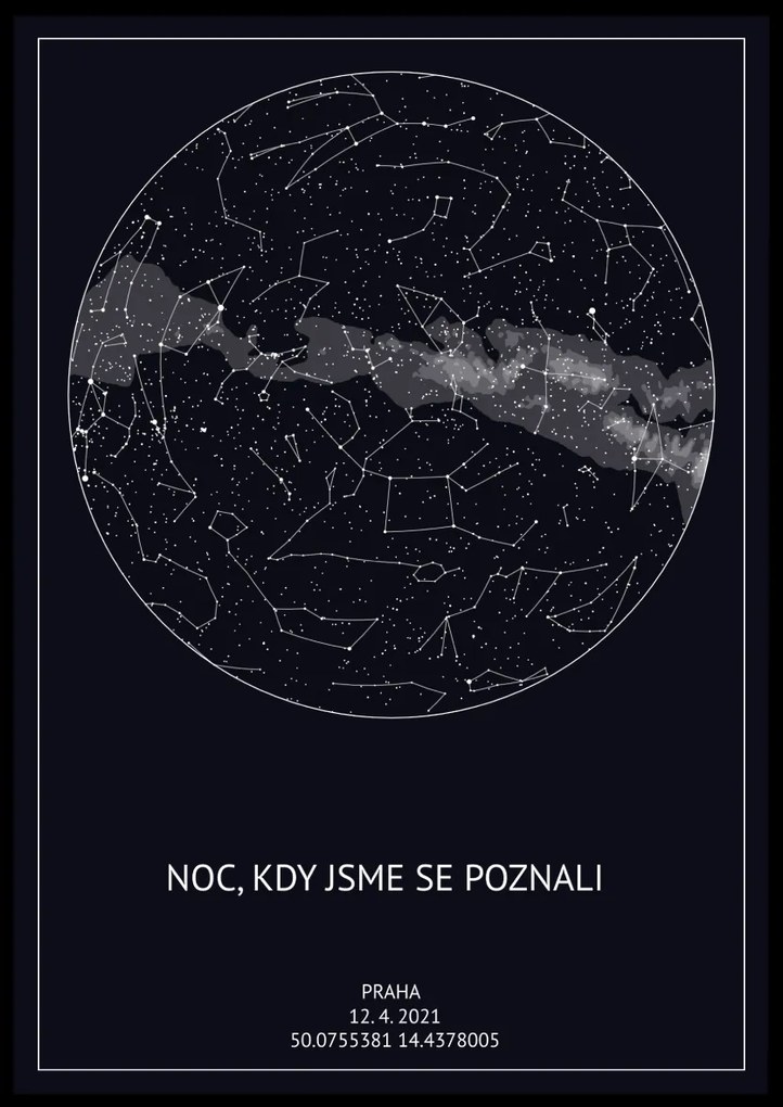 Plakát Hvězdná mapa vašeho životního okamžiku Velikost: A3 - 29,7x42 cm, Volba rámu: bez rámu, Vzhled: Bílá