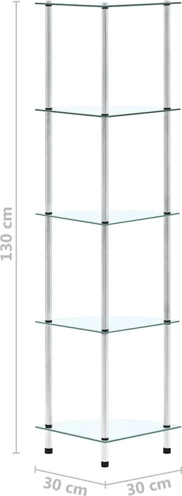 5patrová police průhledná 30 × 30 × 130 cm tvrzené sklo 249516