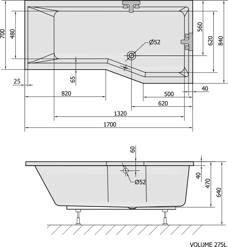 Polysan, VERSYS R asymetrická vana 170x84x70x47cm, bílá, 70611