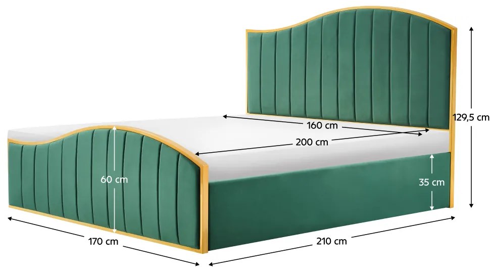Kondela Postel s roštem, 160x200, zelená Velvet látka/gold chrom zlatá, GEORGIA