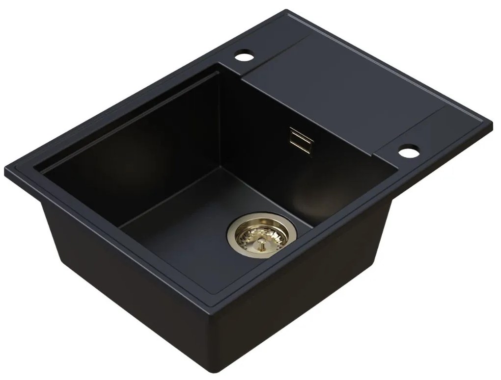 Sink Quality Sink55, kuchyňský granitový dřez 620x460x215 mm + zlatý sifon, černá, SKQ-SINK.C.1KKO.XG