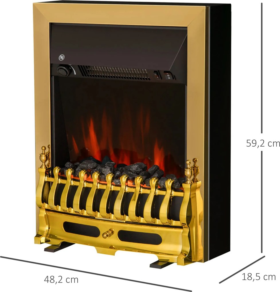 Elektrický krb HOMCOM Stojanový krb s efektem plamene 1000/2000W 48,2 x 18,5 x 59,2 cm ve zlaté barvě pro příjemné večery |
