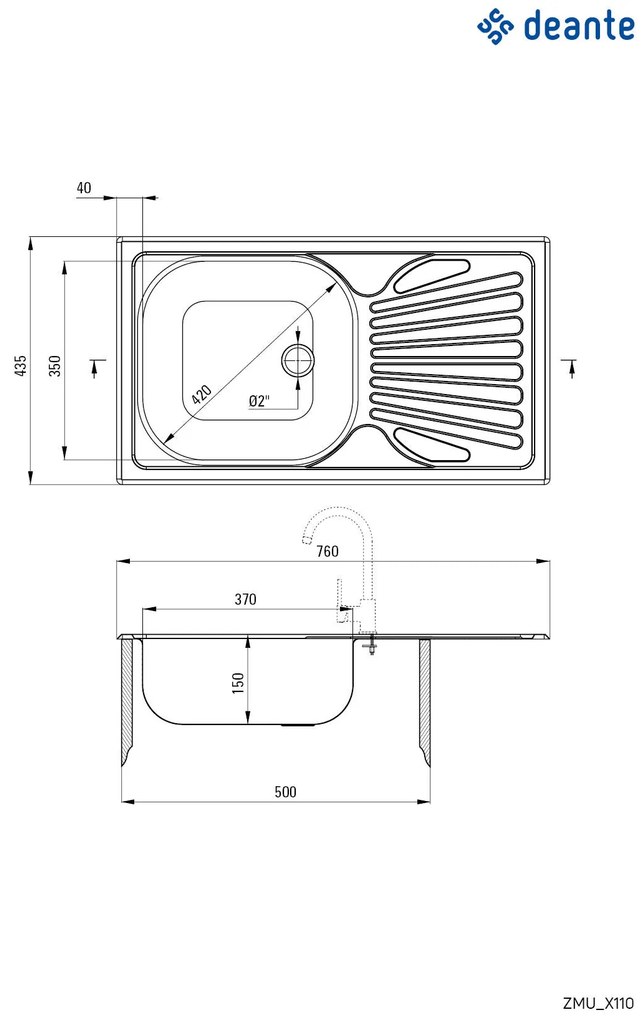 Deante Techno, nerezový dřez na desku 1-komorový Z/O 760x435x150 2" + sifon, vzor satyna, ZMU_0110