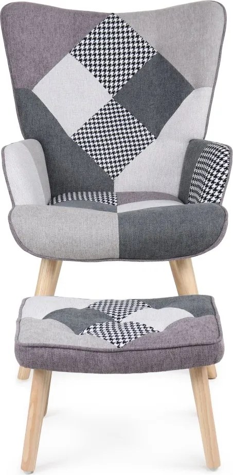 Relaxační křeslo ušák LISA + taburet — masiv, látka, černobílý patchwork