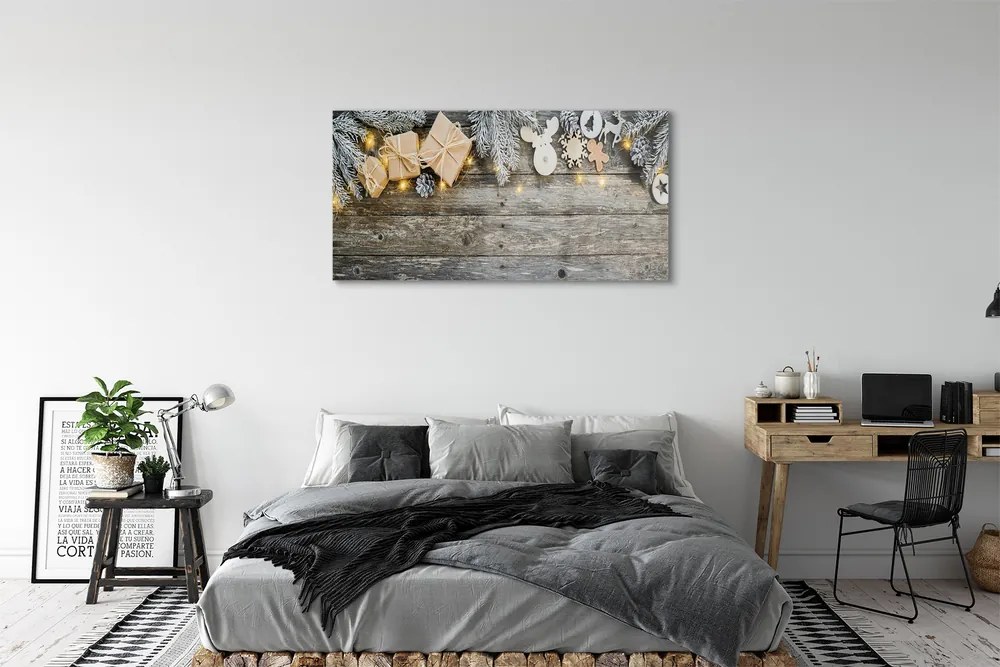 akrylový obraz Větvičky dárky kužely 125x50 cm