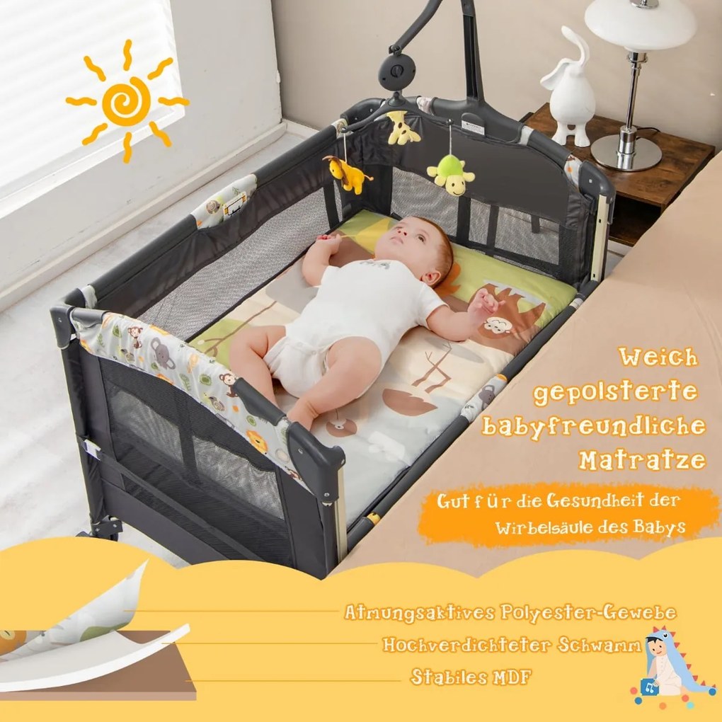 Costway Přenosné dětské hřiště 3 v 1 konvertibilní ohrádka s postelí, šedá