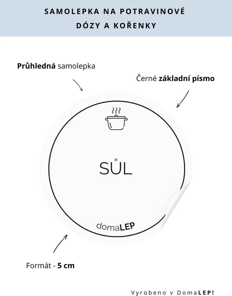 SŮL – průhledná samolepka na dózu, základní písmo, 5 cm | DomaLEP