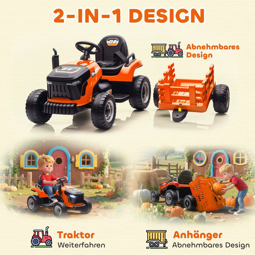 AIYAPLAY Elektrický dětský traktor, sedací traktor s dálkovým ovládáním, měkký start, pro děti ve věku 3-8 let, oranžový