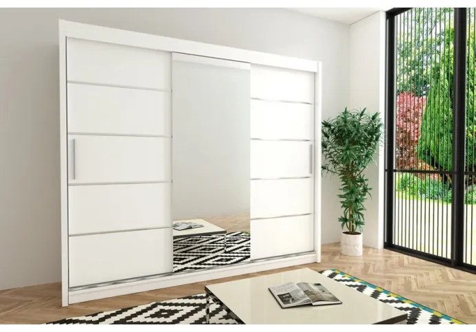 Velká zrcadlová šatní skříň s posuvnými dveřmi Adéla 250 v barvě bílé