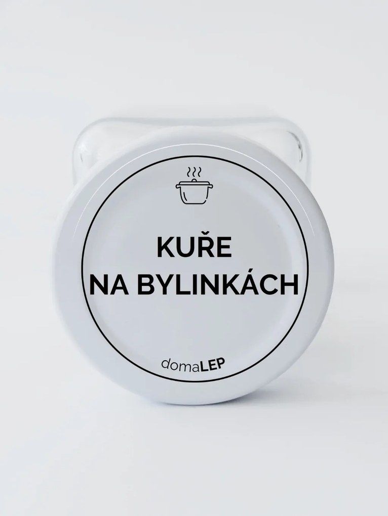 Samolepka na kořenky KUŘE NA BYLINKÁCH průhledná 5 cm tučné písmo