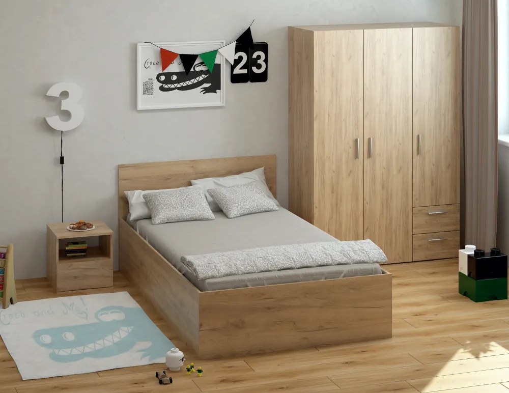 Postel s kovovým roštem a úložným prostorem, 120x200, dub artisan, DOLI