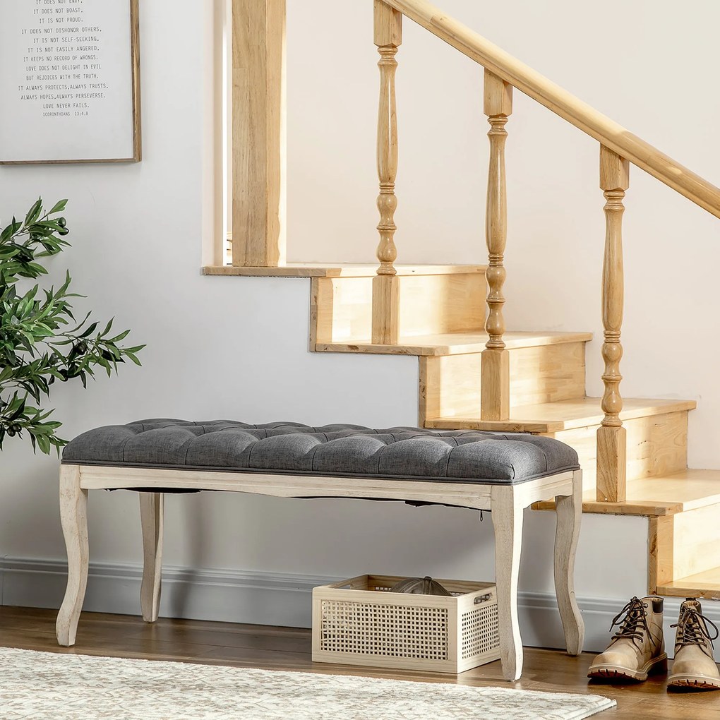 HOMCOM Čalouněná lavice s knoflíky v klasickém chic stylu 110 cm na konec postele, čalouněná lnu, nohy z kaučukového dřeva šedá