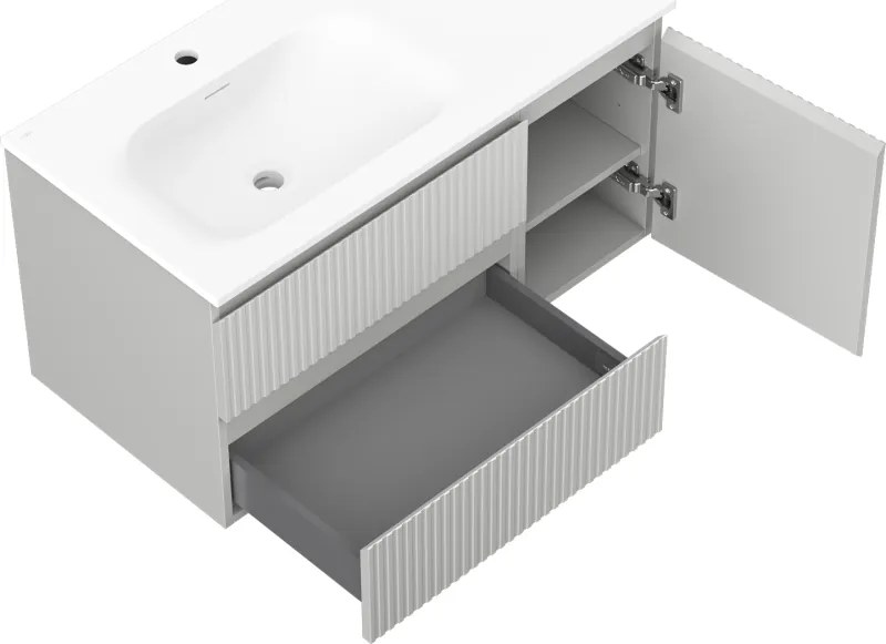 Mexen Rivel, koupelnová skříňka 90 cm s umyvadlem Vela na levé straně, 2S, 1D, drážkovaná, šedá matná/bílá matná - 91A23-09047-3-BBFFF62-W23L01