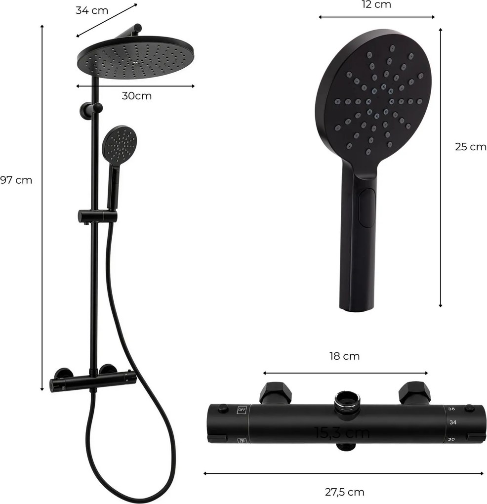 Erga Dubaj, sprchový set s termostatickou baterií a hlavovou sprchou 30 cm, černá matná, ERG-YKA-BP.DUBAJ-THERM-30-BLK