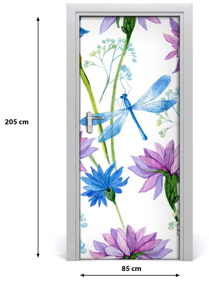 Samolepící fototapeta na dveře květiny i ważki 85x205 cm