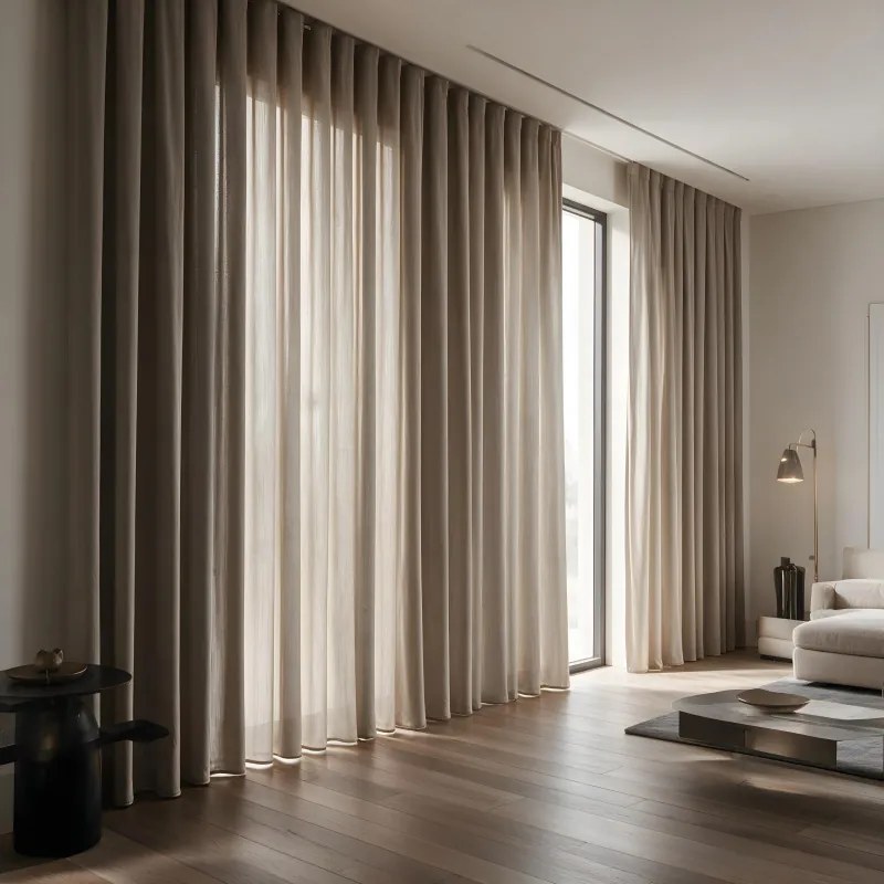 Záclona/Závěs béžovo-hnědá Linen Mist s efektem lnu a olůvkem Ervi 4451