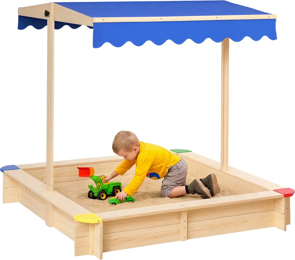Dřevěný písečný box Outsunny pro děti s markýzou, nastavitelnou střechou a prostornou lavicí 120x120x120 cm pro venkovní hraní | Aosom