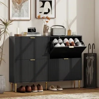 HOMCOM botník pro 20 párů s 4 sklápěcími zásuvkami, žebrovanými dveřmi a nastavitelnými policemi, 105x24x91,5 cm, černý