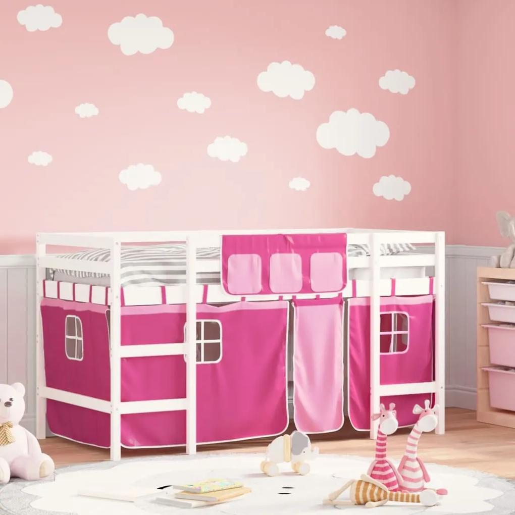 Dětská patrová postel se závěsy růžová 90 x 190 cm borovice,  3206978