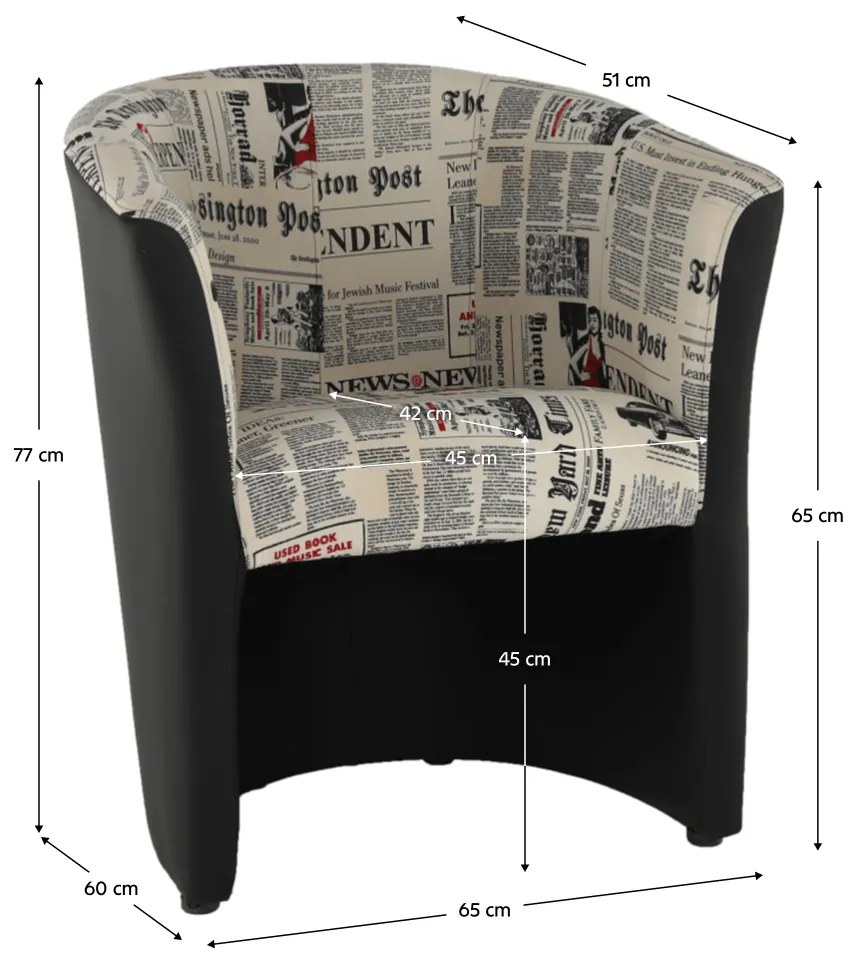 Klubové křeslo TRION - ekokůže, látka, černá / vzor novin