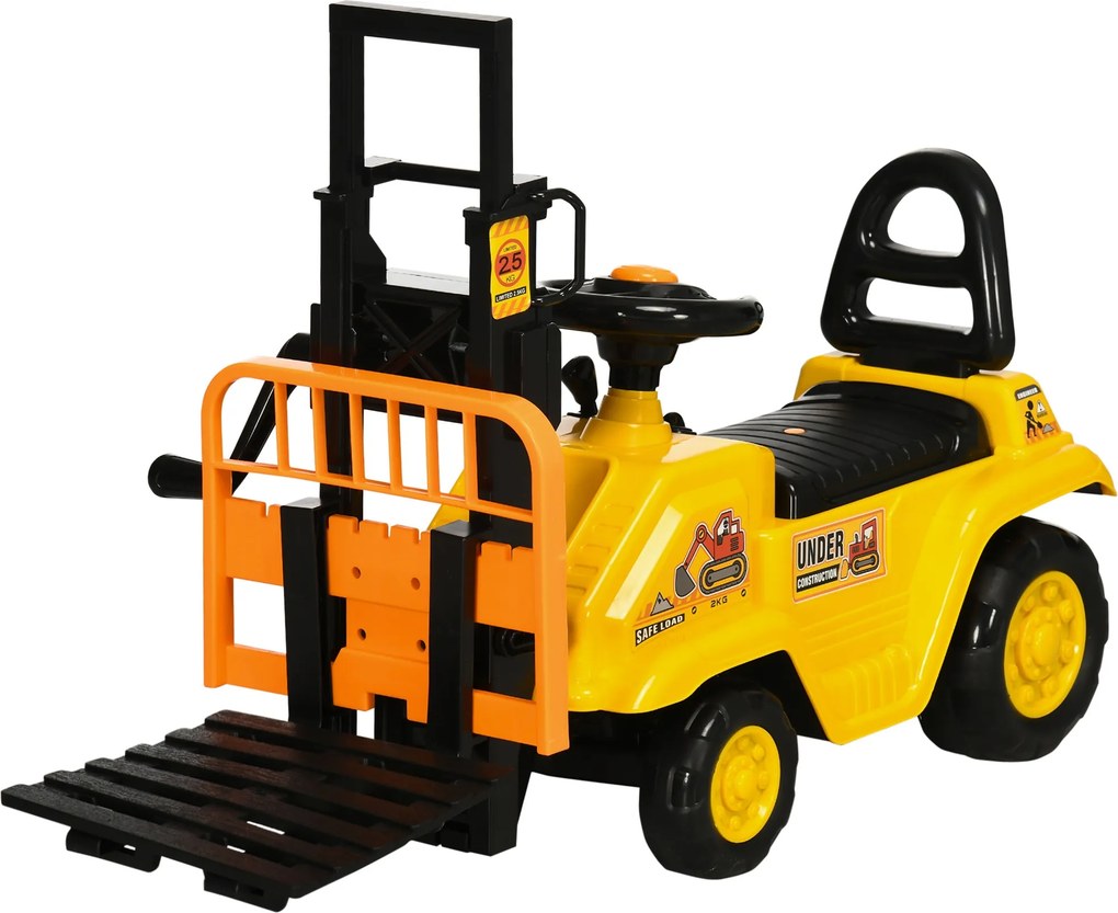 HOMCOM Traktor pro děti od 3 do 4 let s bagrem, zvukovým tlačítkem a skrytým úložným prostorem, v PP a ABS, 86x27,5x47,5 cm, žlutý a černý | Aosom