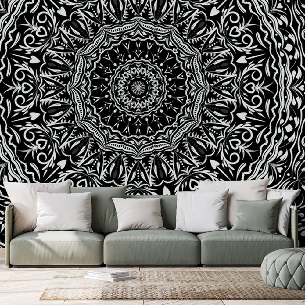 Samolepící tapeta Mandala ve vintage stylu v černobílém - 225x150 cm