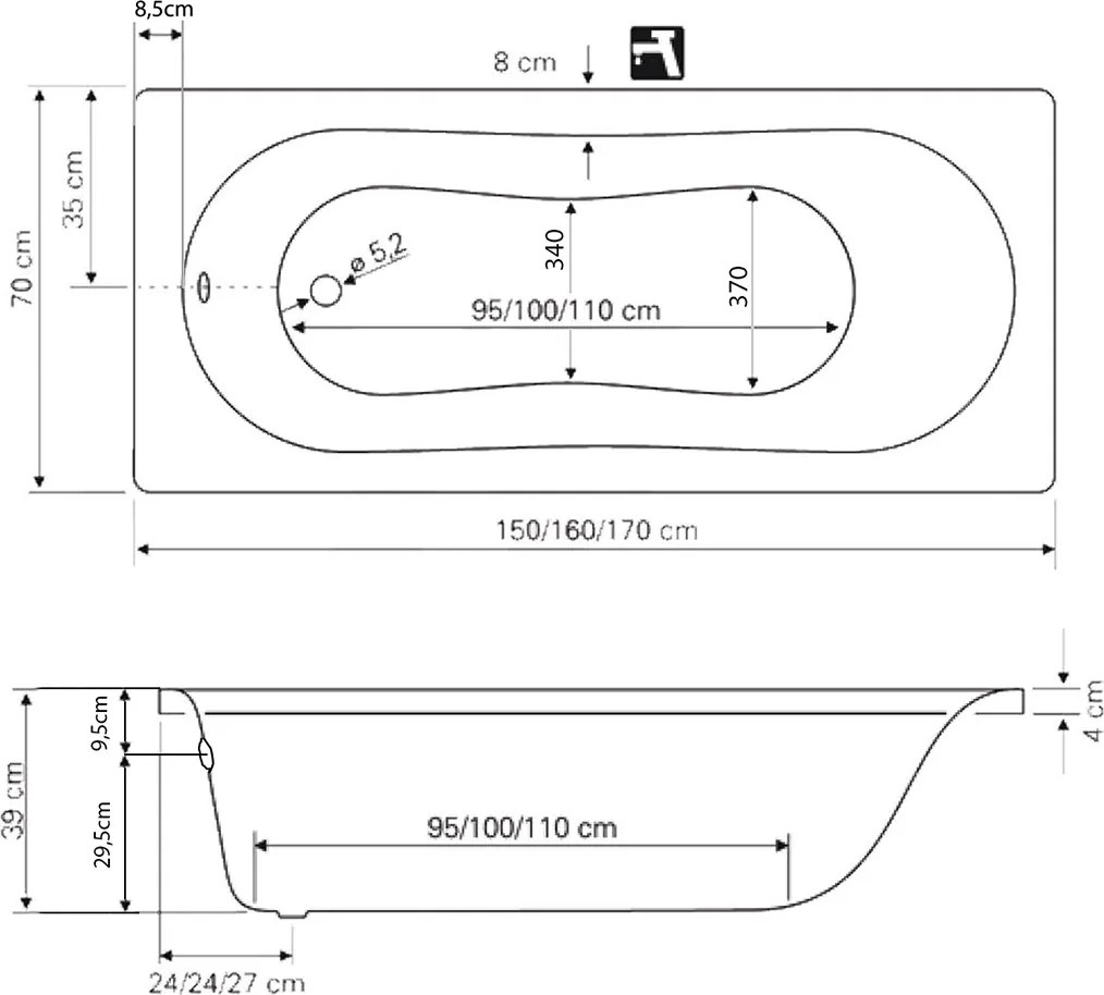 Aqualine Jizera G1670 obdélníková vana 160 x 70 cm akrylátová