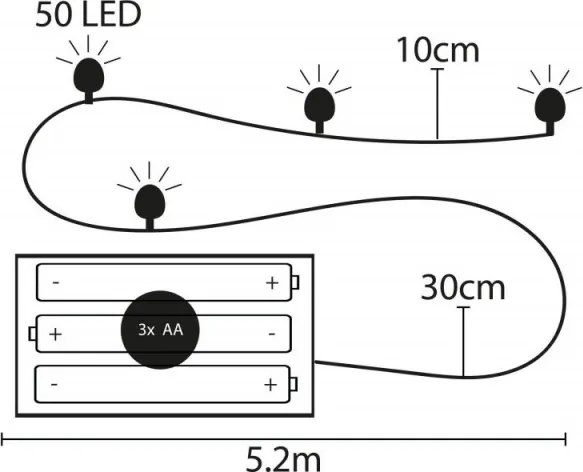 LED řetěz Nano - 5m, 50LED, 8-funkcí, ovladač, 3xAA, IP44, studená bílá