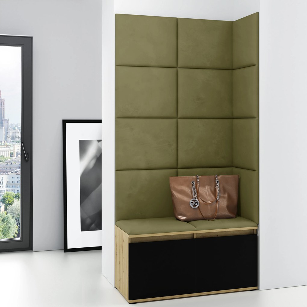 Eka Předsíňová stěna s čalouněnými panely Trinity 2 - Dub Artisan s černou / Khaki zelená 2327