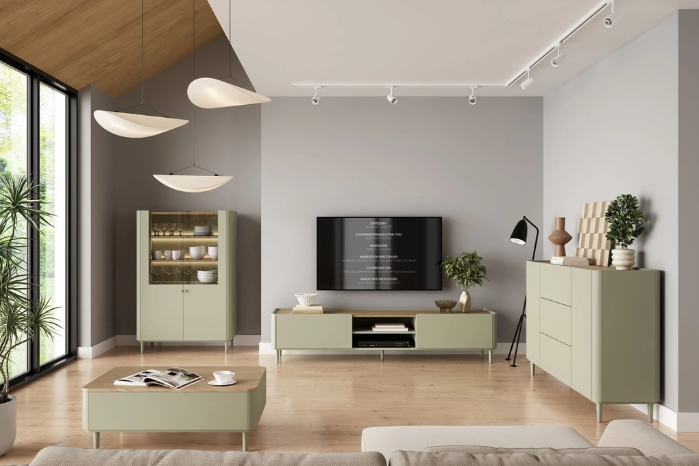 TV stolek Elivo 220 cm na nožkách - eukalyptus / dub baltic dune