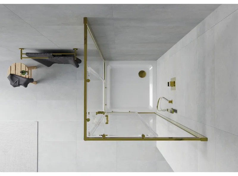 Mexen Rio, čtvercový sprchový kout s posuvnými dveřmi 80 (dveře) x 80 (dveře) x 190 cm, 5mm čiré sklo, zlatý profil + bílá sprchová vanička SLIM, 860-080-080-50-00-4010G