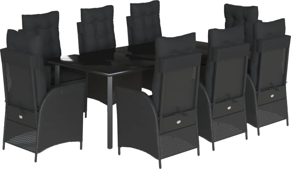 9dílný zahradní jídelní set s poduškami černý polyratan 3213193